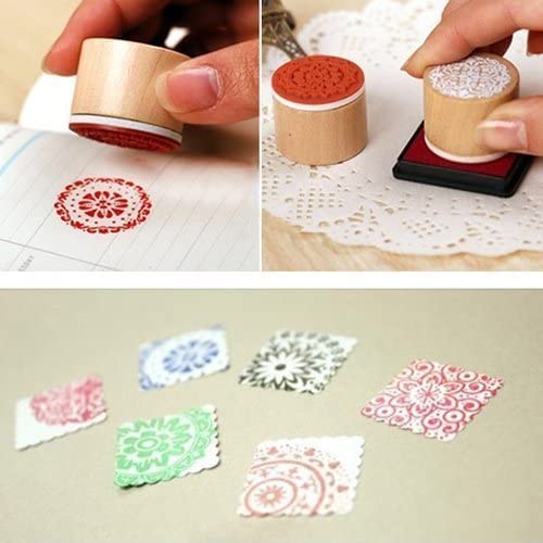 Waugve 12Pcs Wooden Stamps Floral Pattern Rubber Stamp Round and Square Lace Wooden Rubber Stamp for Scrapbooking and DIY Craft Card