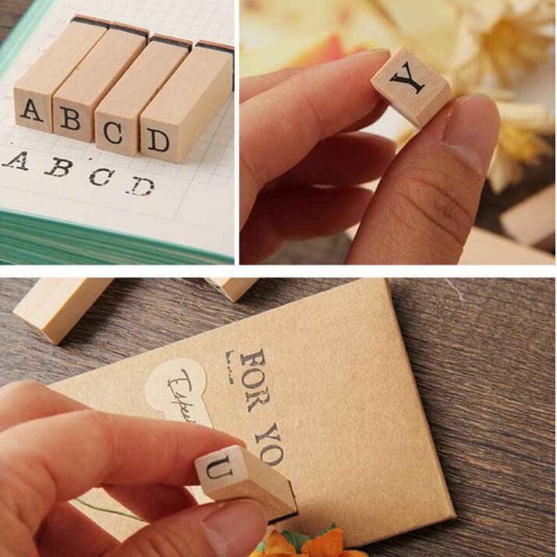 36 Pieces Wooden Rubber Letters Number Stamp, Alphabet Vintage Stamps Set for Card Making, DIY Clay Craft Scrapbooking, with Ink Pad and Box (A#)