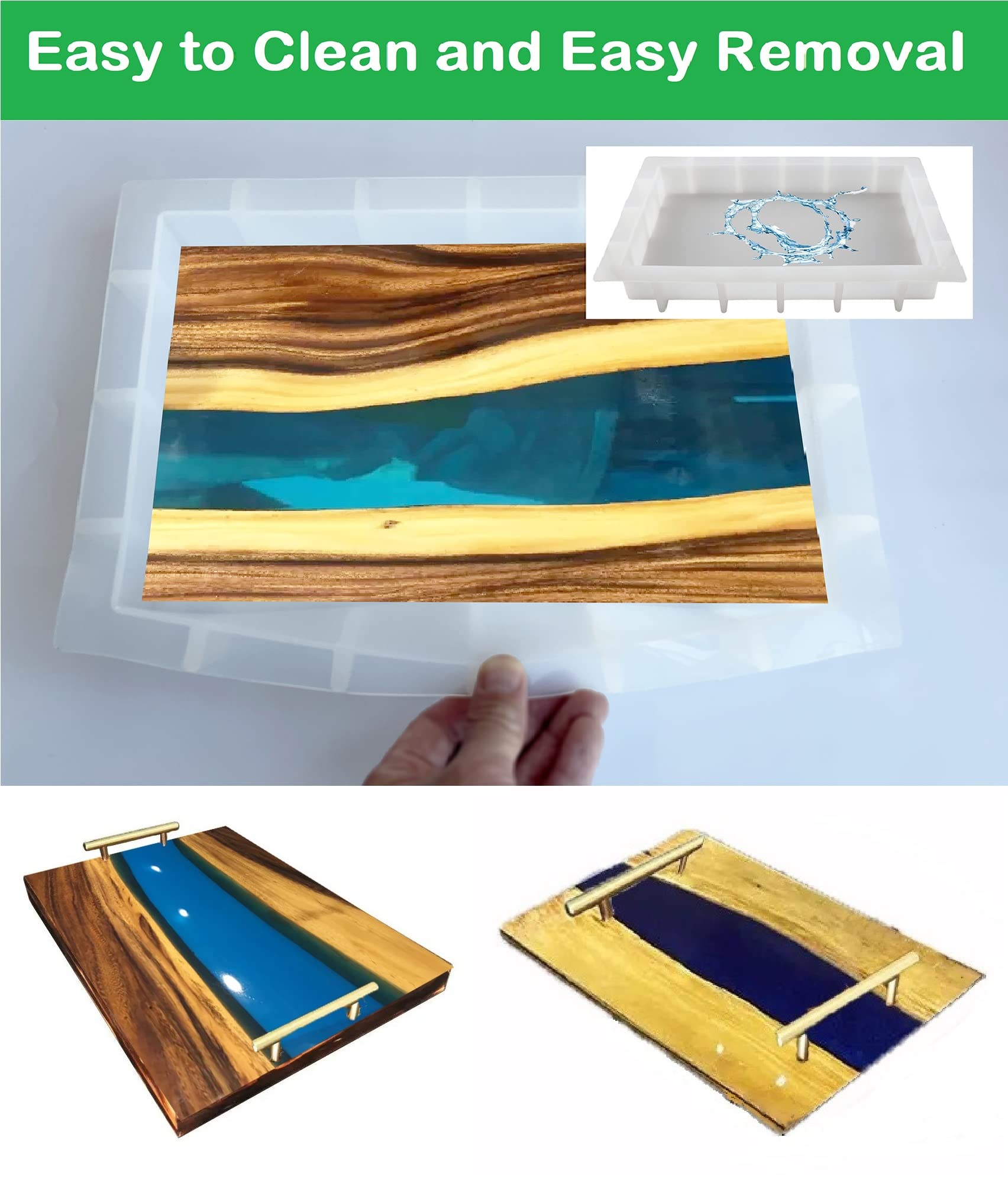 Resin Tray Molds Silicone, 13.5" Large Rectangle Deep Tray Resin Mold and 4 Piece Square Deep Coaster Molds, Silicone Tray Board Table Resin Mold & Handles, Floral Preservation Bouquet Resin Mold