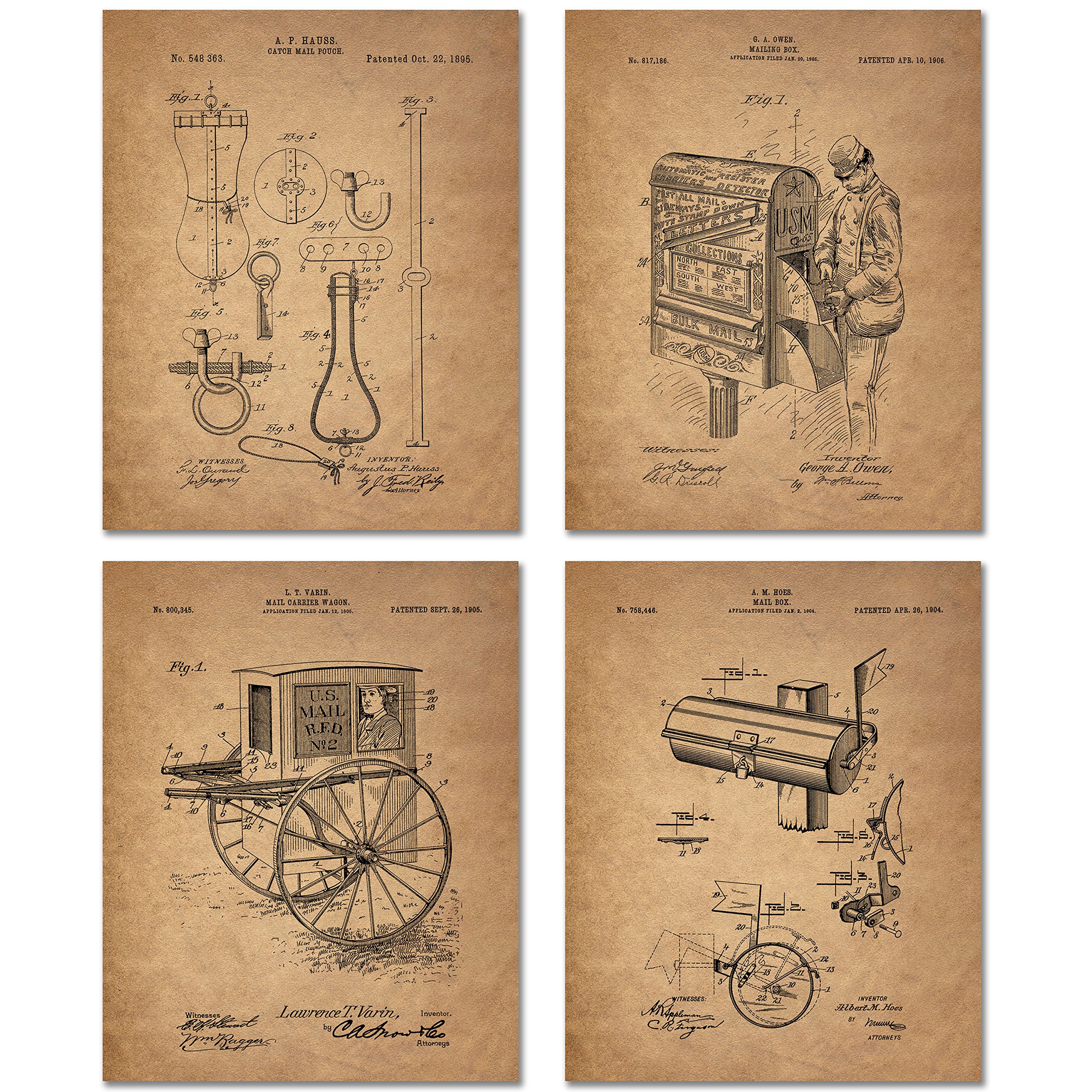 Mailman Patent Prints - Set of Four Postal Worker 8 X 10 Photos Vintage Wall Decor - Mail Person