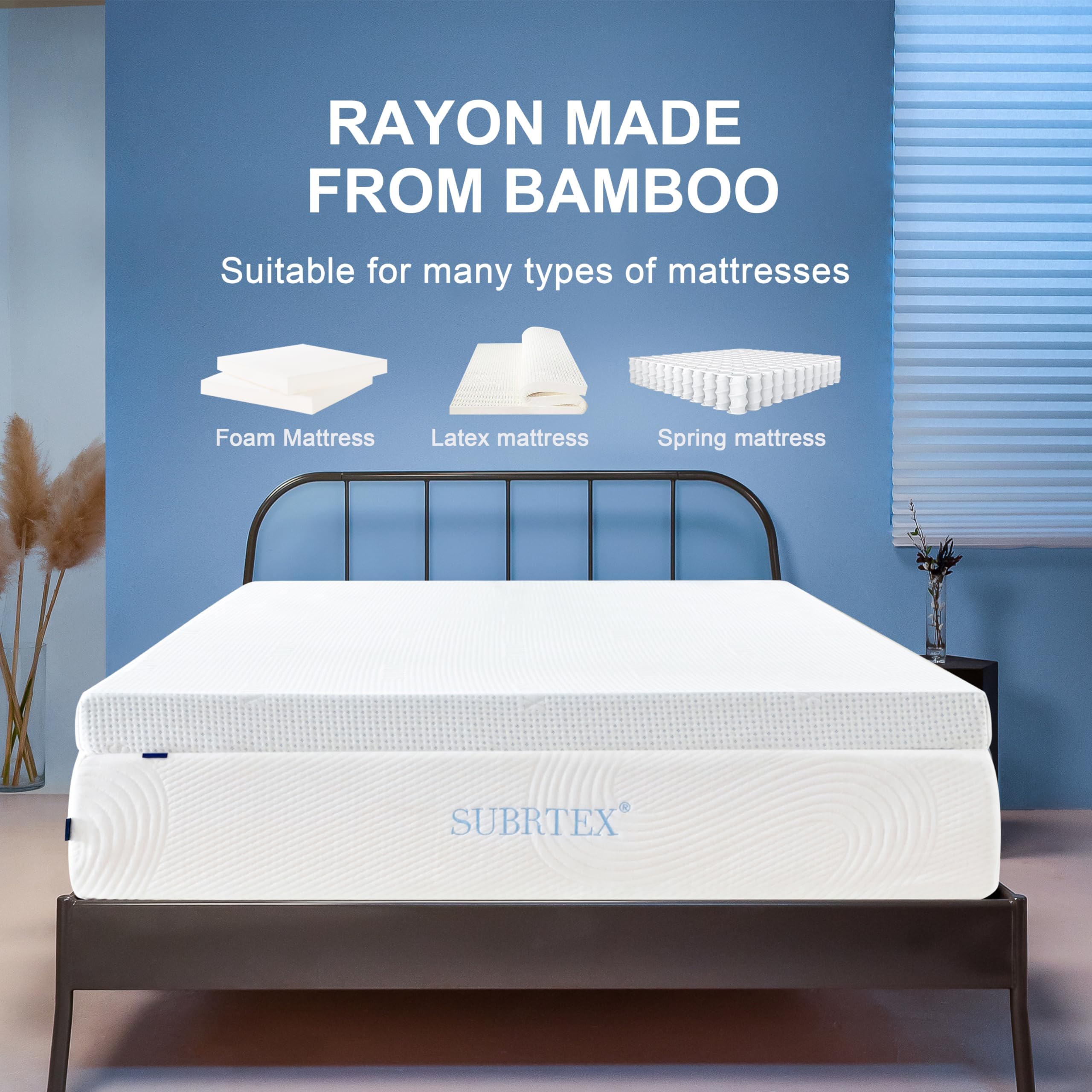 Subrtex 4 Inch Mattress Topper Cover (Only Cover) Mattress Topper Protector Bedding Rayon Made from Bamboo Removable Mattress Encasement with Zippers, Full