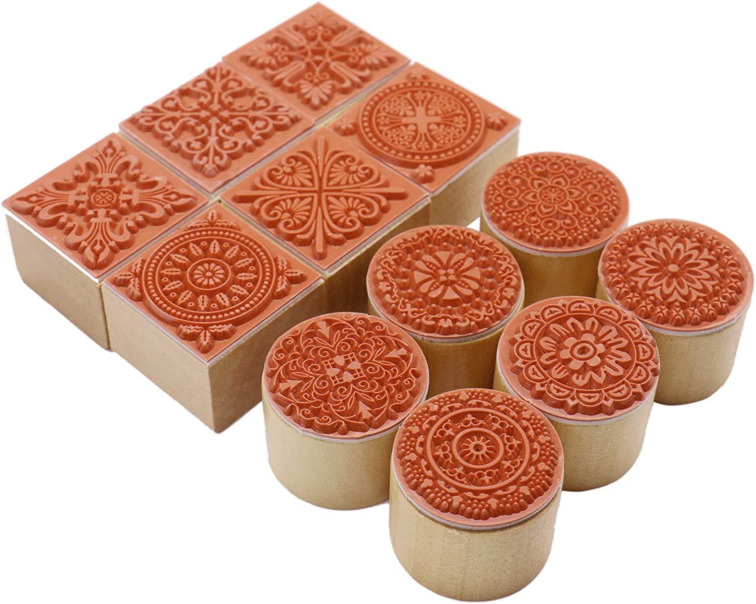 Waugve 12Pcs Wooden Stamps Floral Pattern Rubber Stamp Round and Square Lace Wooden Rubber Stamp for Scrapbooking and DIY Craft Card
