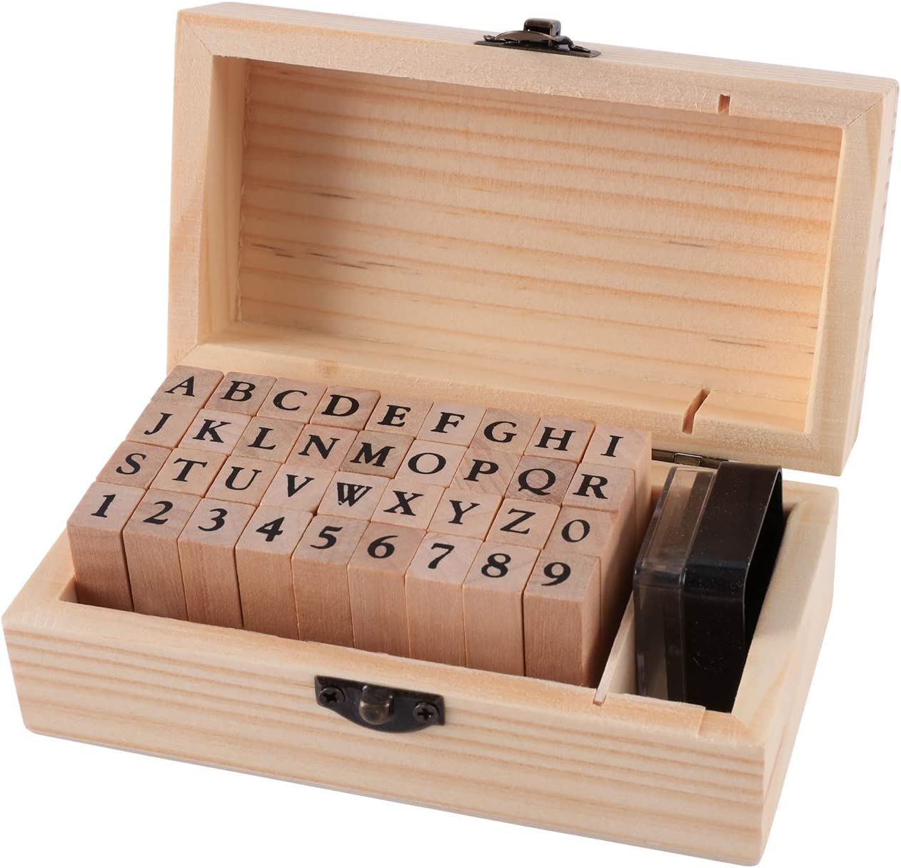 36 Pieces Wooden Rubber Letters Number Stamp, Alphabet Vintage Stamps Set for Card Making, DIY Clay Craft Scrapbooking, with Ink Pad and Box (A#)