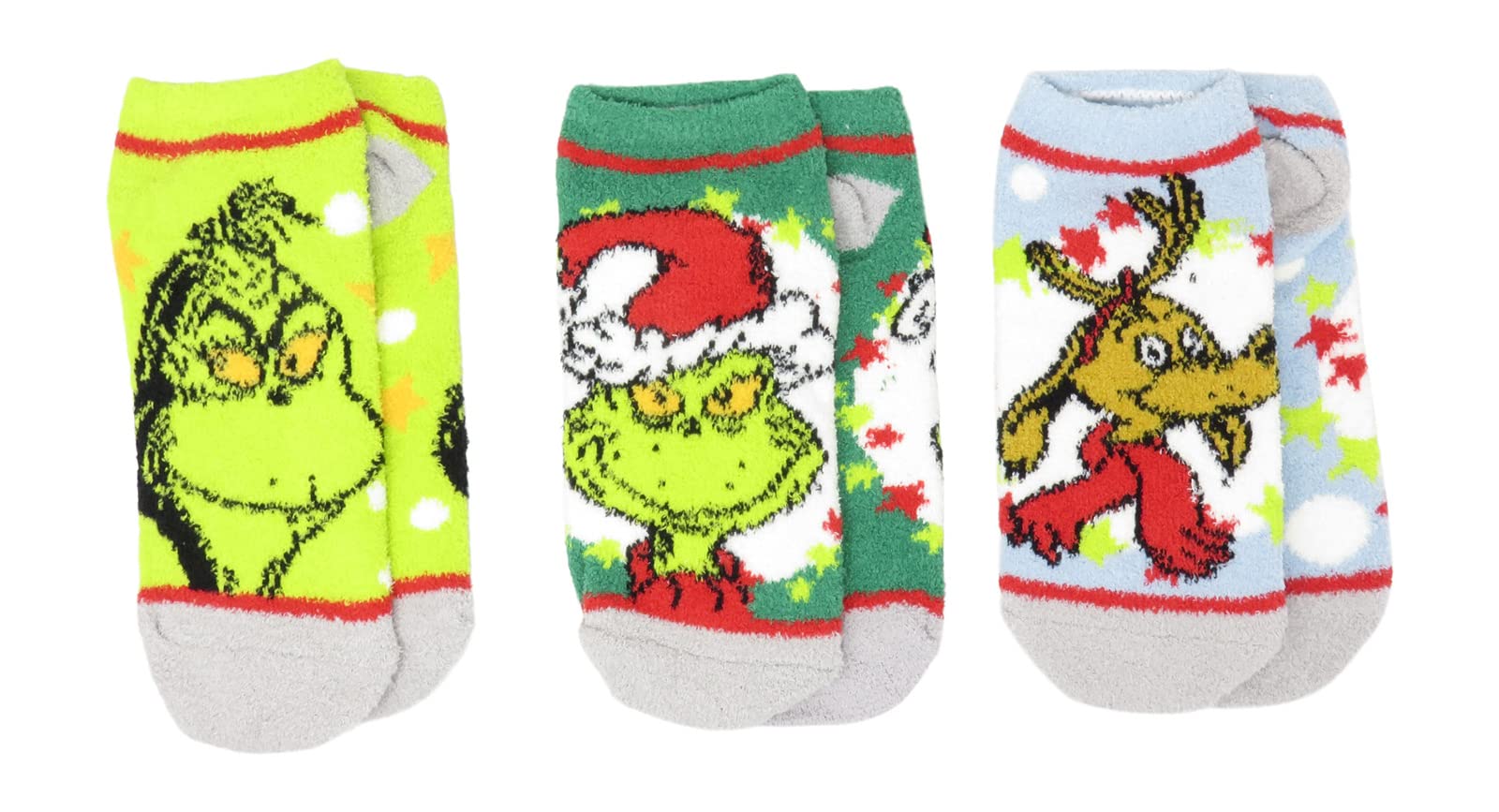 Bioworld Dr. Seuss The Grinch Who Stole Christmas 3 Pair Pack Juniors/Womens Ankle Socks Shoe Size 5-10