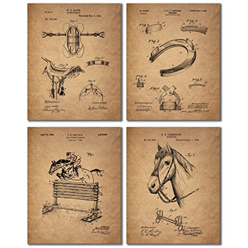 BigWig Prints Horse Riding Patent Prints - Equestrian Posters, Vintage Riding Pictures, Horse Artwork for Home, Rustic Wall Photos - Unframed Set of 4 (8x10)