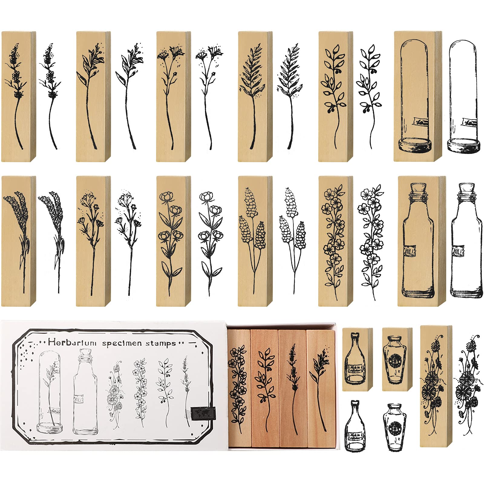 15 Pieces Rubber Stamps for Crafting Scrapbooking Vintage Flower Stamps Plant and Floral Wooden Stamps Decorative Set for Craft, Letters Diary, Scrapbook Painting Card Making