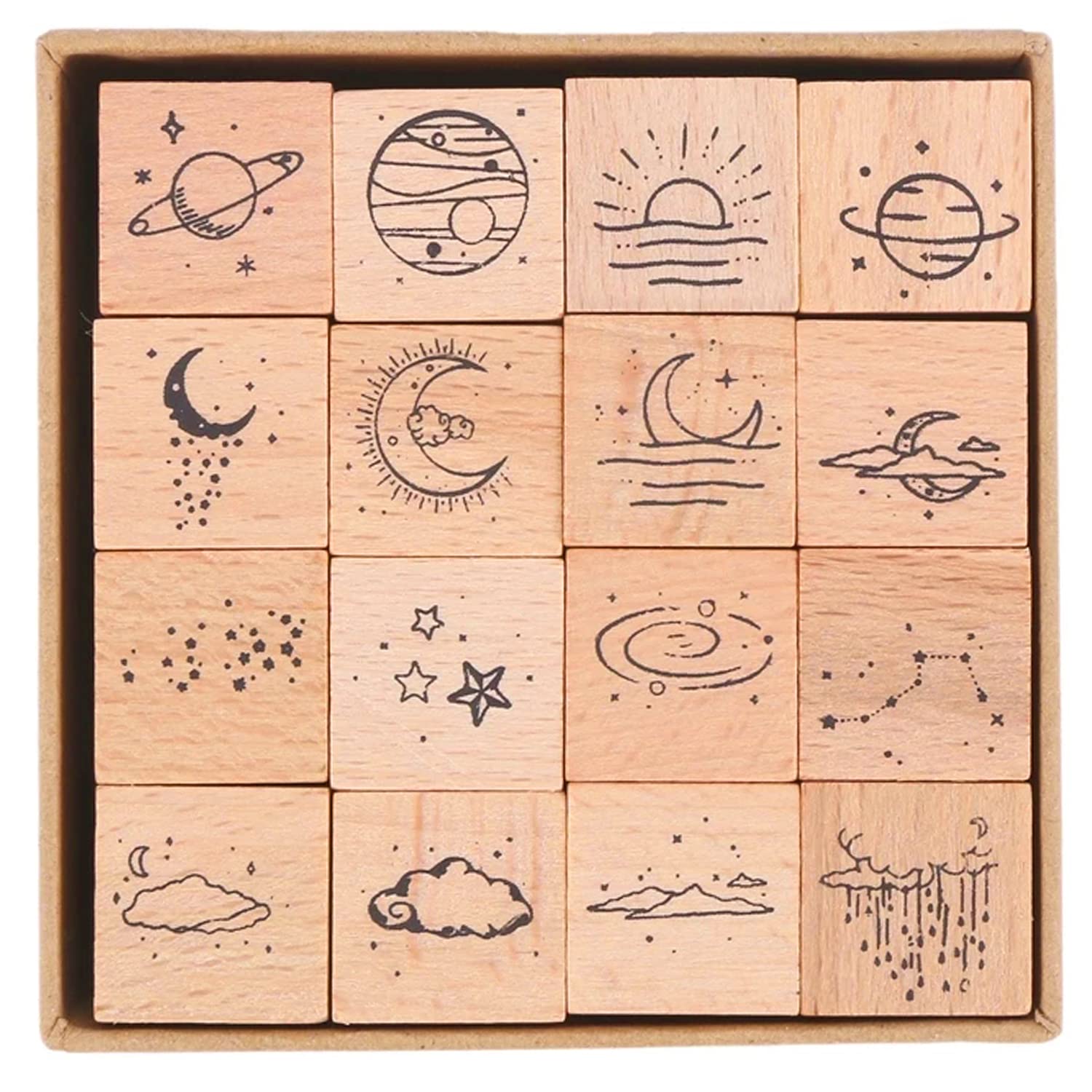 16 Pcs Planet Moon Stars Cloud Wooden Rubber Stamp Set, Vintage Planet Moon Cloud Decoration Stamp for Scrapbooking Stationery DIY Craft Standard Stamp