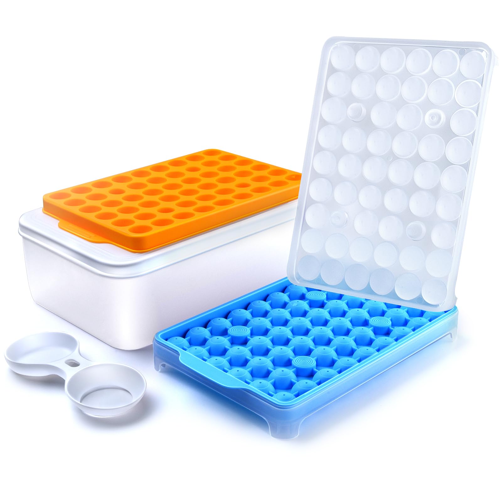 longzon Mini Round Ice Cube Tray with Lid and Bin, 2 pack Silicone Ice Cube Trays for Freezer,Circle Ice Mold,Ice Trays for Freezer Making 100pcs 20mm Sphere Ice Balls Chilling Cocktail Whiskey Coffee