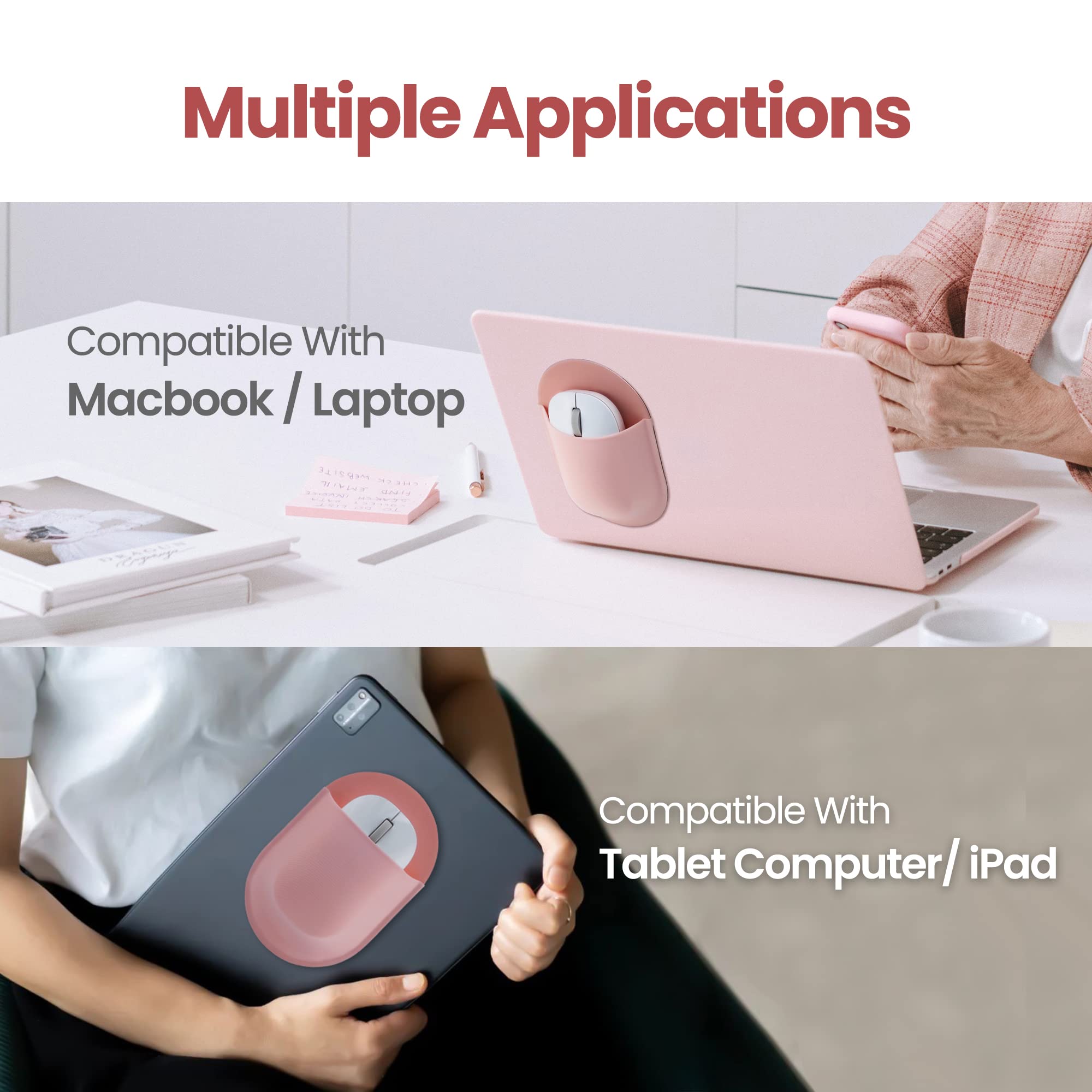 Epessa Stick-On Mouse Pouch, Universal Holder for Wireless Mice, Reusable Adhesive, No Glue Residue, Compatible with iPad or MacBook (Pink)
