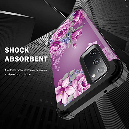 LONTECT for Galaxy S20 FE 5G Case Floral Shockproof Heavy Duty 3 in 1 Hybrid Sturdy Rugged Durable Protective Cover Girls Women Case for Samsung Galaxy S20 FE 5G 6.5 inch,Purple Flower/Black