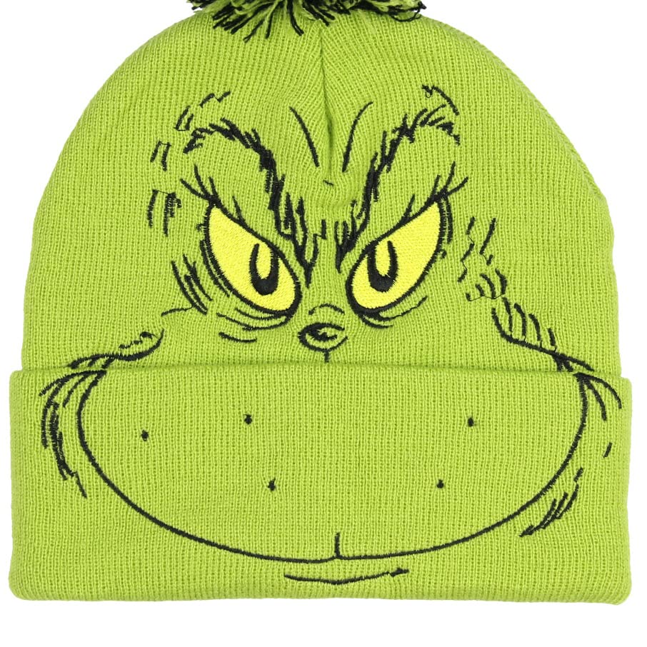 Bioworld Dr. Seuss The Grinch Who Stole Christmas Pom Beanie Hat Embroidered Character,Green,One Size