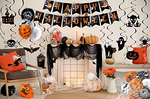 LINAYE Halloween Party Decorations Kit Indoor Outdoor | Halloween Hanging Swirl Decorations, Halloween Banner, Creepy Cloth, Halloween Balloons, Spider Web Halloween Hanging Decorations Decor Set Pack