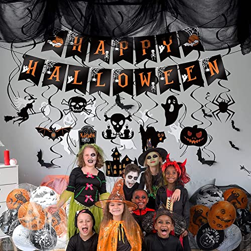 LINAYE Halloween Party Decorations Kit Indoor Outdoor | Halloween Hanging Swirl Decorations, Halloween Banner, Creepy Cloth, Halloween Balloons, Spider Web Halloween Hanging Decorations Decor Set Pack