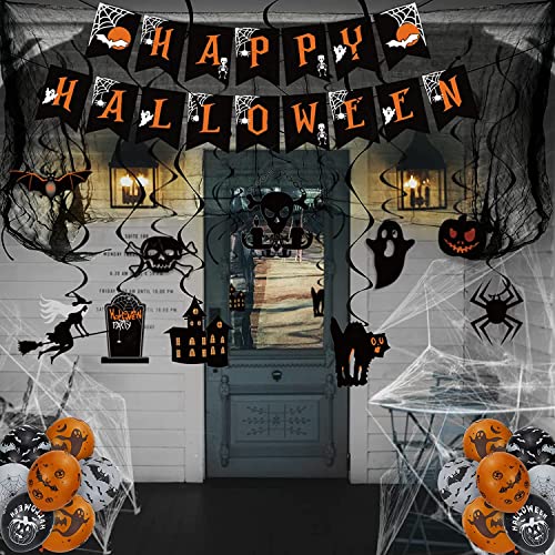 LINAYE Halloween Party Decorations Kit Indoor Outdoor | Halloween Hanging Swirl Decorations, Halloween Banner, Creepy Cloth, Halloween Balloons, Spider Web Halloween Hanging Decorations Decor Set Pack