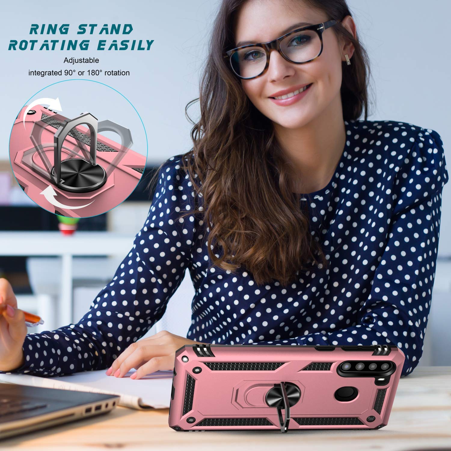 MERRO for Galaxy A21 Case with Screen Protector,Military Grade Heavy Duty Shockproof Protective Phone Cover Pass 16ft Drop Test with Magnetic Kickstand and Car Mount Holder Rose Gold Color