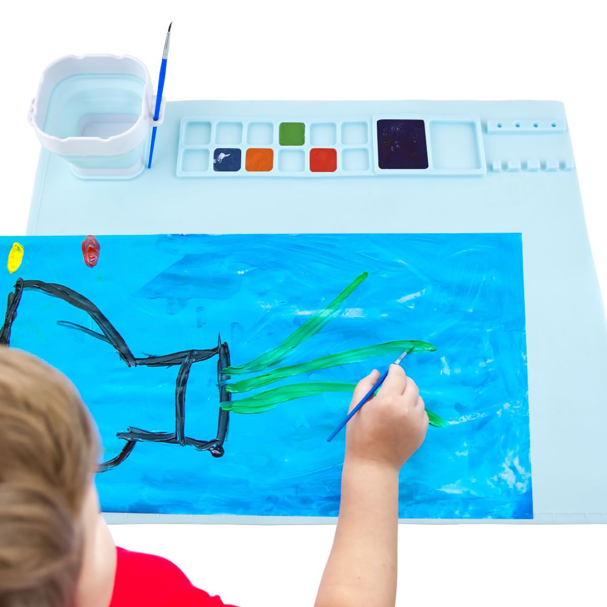 OTYMIOW Silicone Painting Mat with Cup, 20"X16" Silicone Art Mat, Silicone Craft Mat with Cup and Palette, Silicone Paint Tray for Painting, Art, Handmade, Make Mold, and DIY Creations Blue