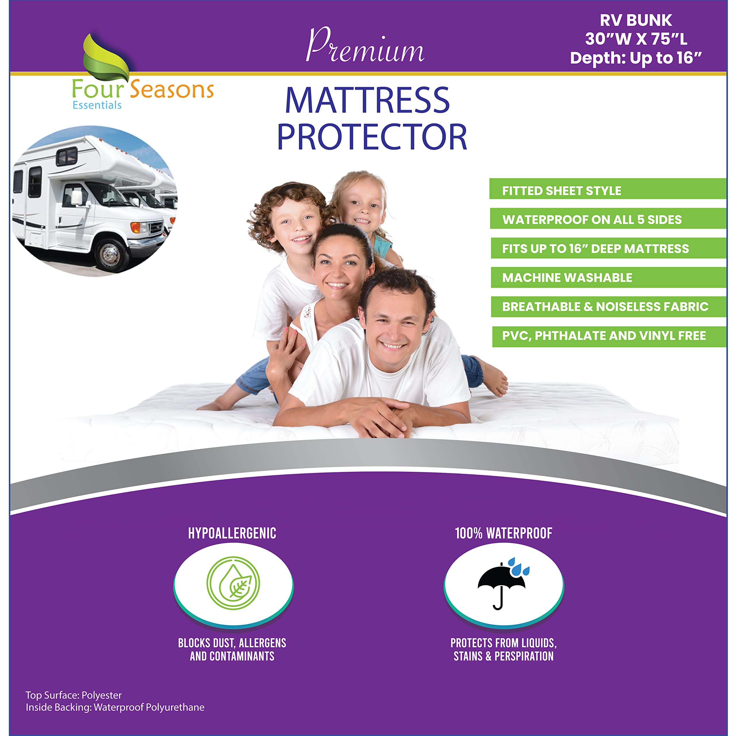 RV Bunk Waterproof Mattress Protector (30" Wx75 L) - Fitted Sheet Style - Cot Size Hypoallergenic Premium Quality Cover Protects Against Dust, Allergies