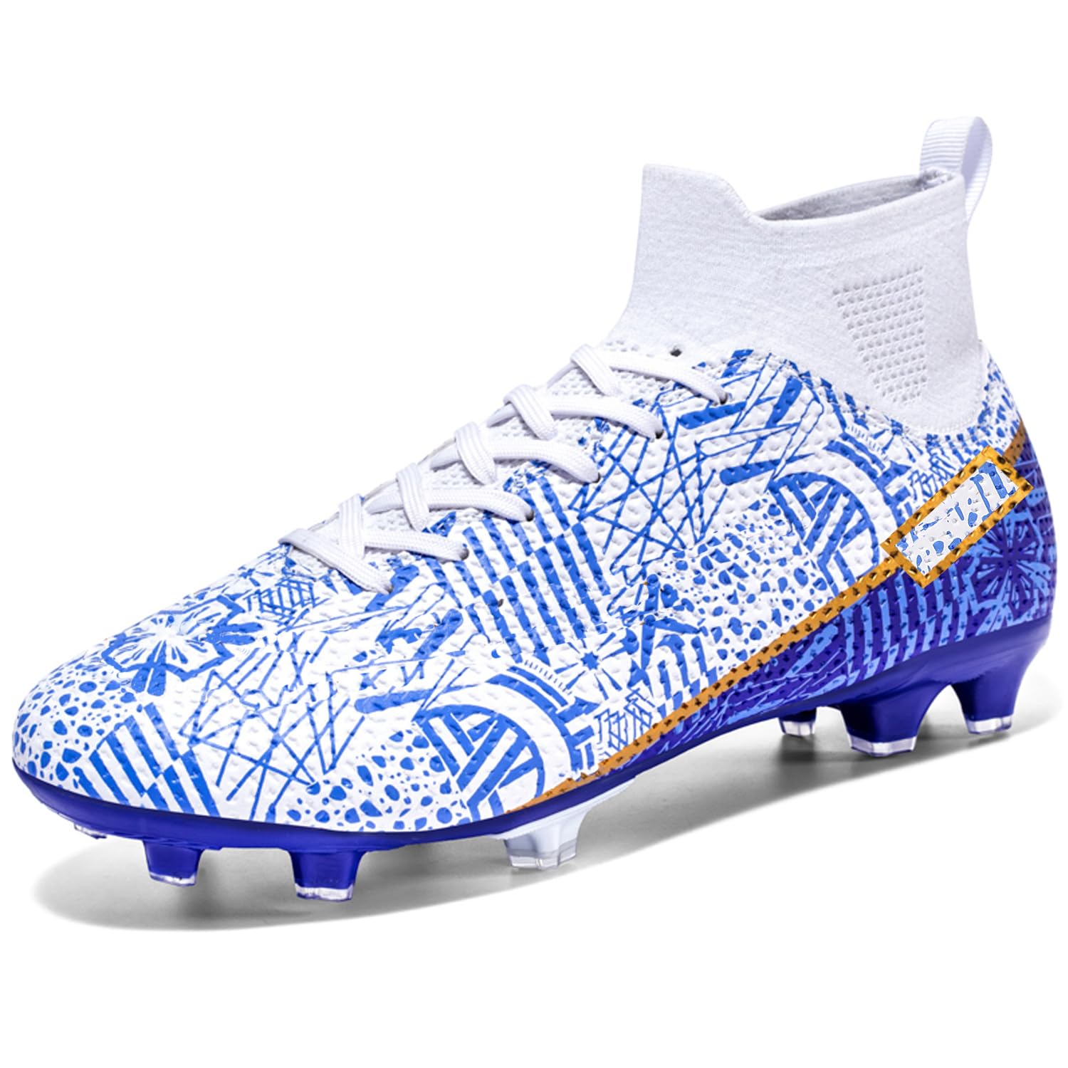 WINGFAI Men's Soccer Shoes Outdoor Turf Indoor Soccer Training Sneaker Professional High-Top Athletic Football Boots Breathable Cleats White Blue 11 US