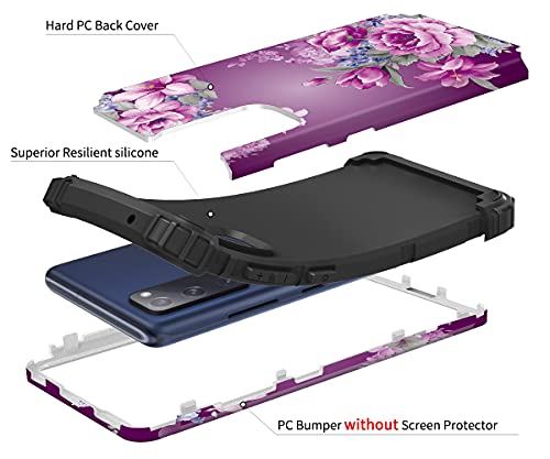 LONTECT for Galaxy S20 FE 5G Case Floral Shockproof Heavy Duty 3 in 1 Hybrid Sturdy Rugged Durable Protective Cover Girls Women Case for Samsung Galaxy S20 FE 5G 6.5 inch,Purple Flower/Black
