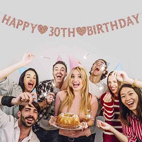 Rose Gold 30th Birthday Banner, Glitter Happy 30 Years Old Woman or Man Party Decorations, Supplies