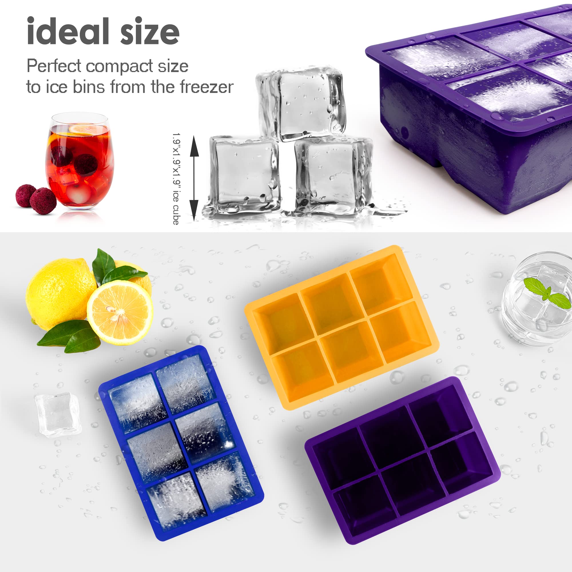 Excnorm Silicone Ice Cube Trays 3 Pack - Large Size Silicone Ice Cube Molds with Leak Proof Removable Lid Square Ice Cube Tray And BPA Free for Cocktail,Whiskey, Stackable Flexible Ice