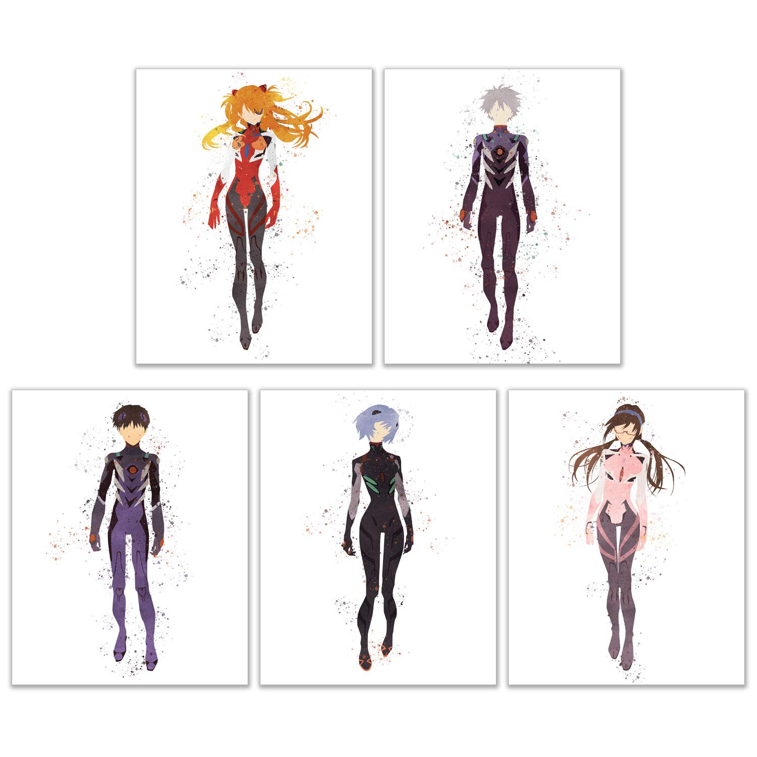 Neon Genesis Evangelion Poster Prints - Set of 5 (8x10) Watercolor Minimalist EVA Pilot Fanart Wall Art Decor - Asuka Langley - Kaworu Nagisa - Shinji Ikari - Rei Ayanami - Mari Makinami