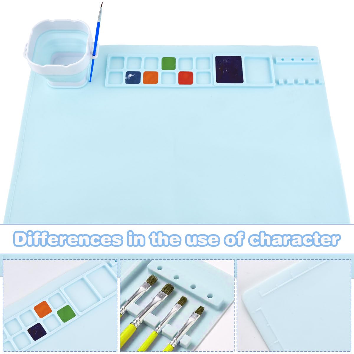 OTYMIOW Silicone Painting Mat with Cup, 20"X16" Silicone Art Mat, Silicone Craft Mat with Cup and Palette, Silicone Paint Tray for Painting, Art, Handmade, Make Mold, and DIY Creations Blue