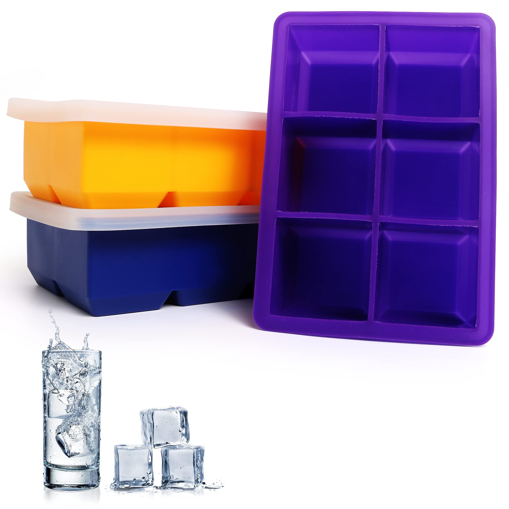 Excnorm Silicone Ice Cube Trays 3 Pack - Large Size Silicone Ice Cube Molds with Leak Proof Removable Lid Square Ice Cube Tray And BPA Free for Cocktail,Whiskey, Stackable Flexible Ice