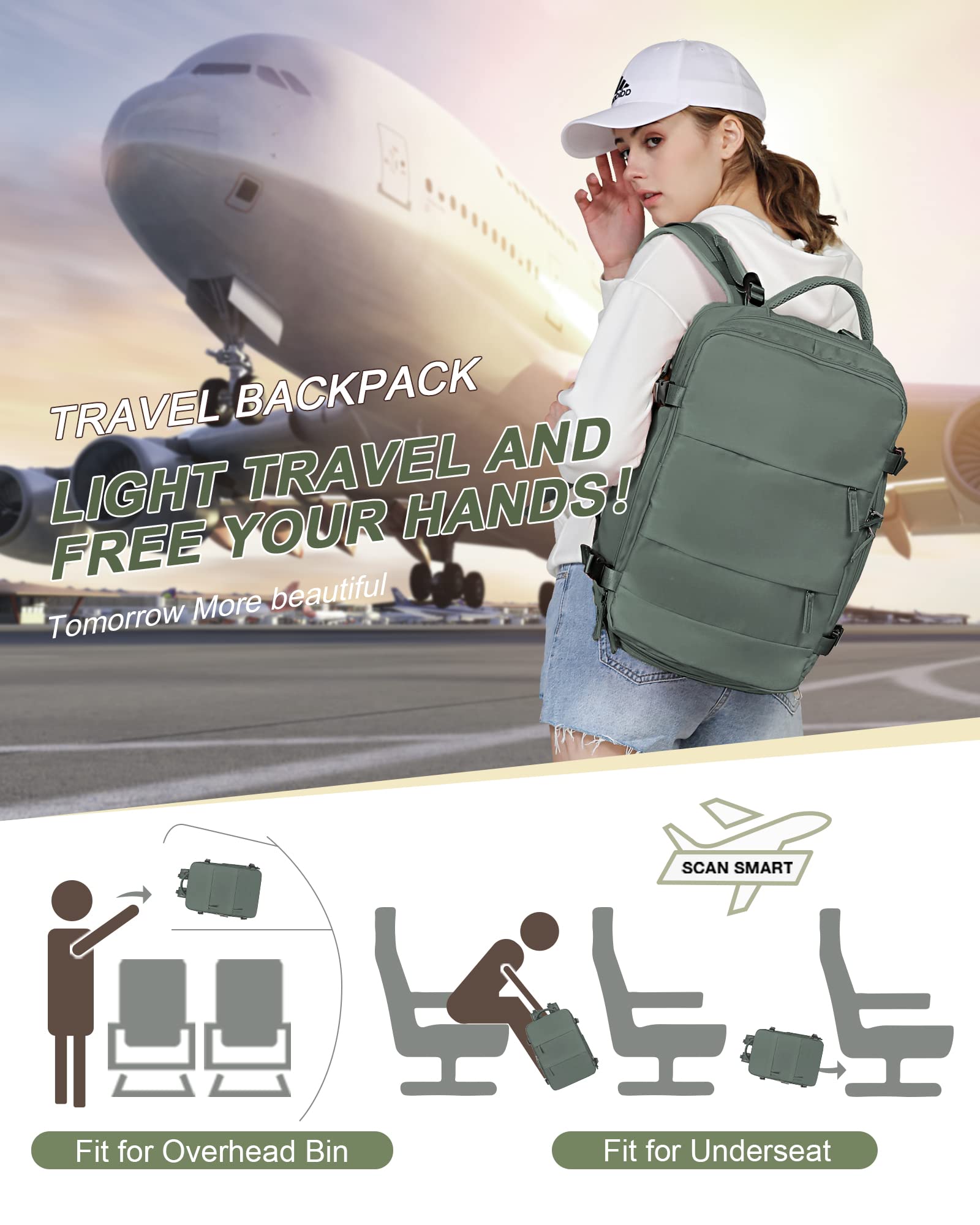 UPPACK Travel Backpack For Women Men Carry On Backpack Flight Approved Gym Bag With Shoe Compartment Hiking Waterproof Laptop Backpack College Essentials Olive Green