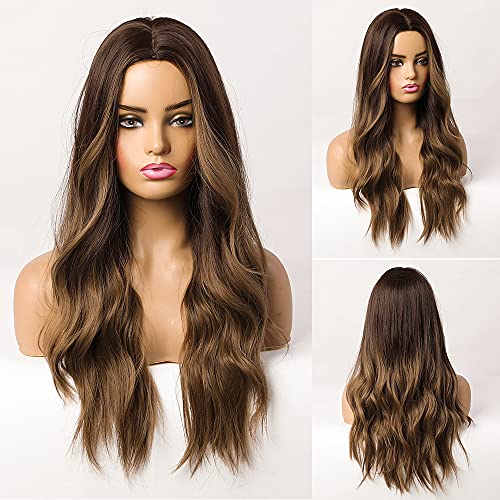 LEMONWIGS Long Natural Wavy Middle Part Brown Synthetic Wig for Women Heat Resistant Fiber Wigs