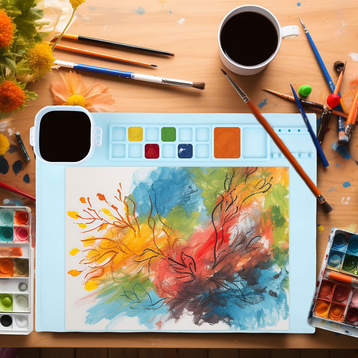 OTYMIOW Silicone Painting Mat with Cup, 20"X16" Silicone Art Mat, Silicone Craft Mat with Cup and Palette, Silicone Paint Tray for Painting, Art, Handmade, Make Mold, and DIY Creations Blue