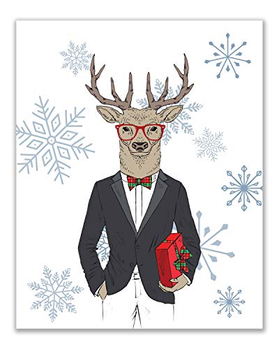 Christmas Hipster Reindeer Prints - Set Of 4 (8 Inches X 10 Inches) Christmas Holiday Photographs
