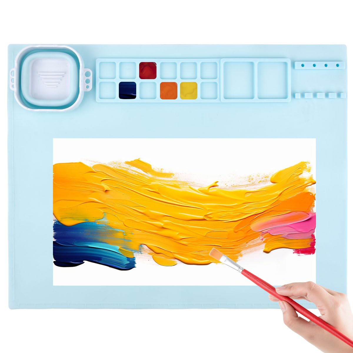 OTYMIOW Silicone Painting Mat with Cup, 20"X16" Silicone Art Mat, Silicone Craft Mat with Cup and Palette, Silicone Paint Tray for Painting, Art, Handmade, Make Mold, and DIY Creations Blue