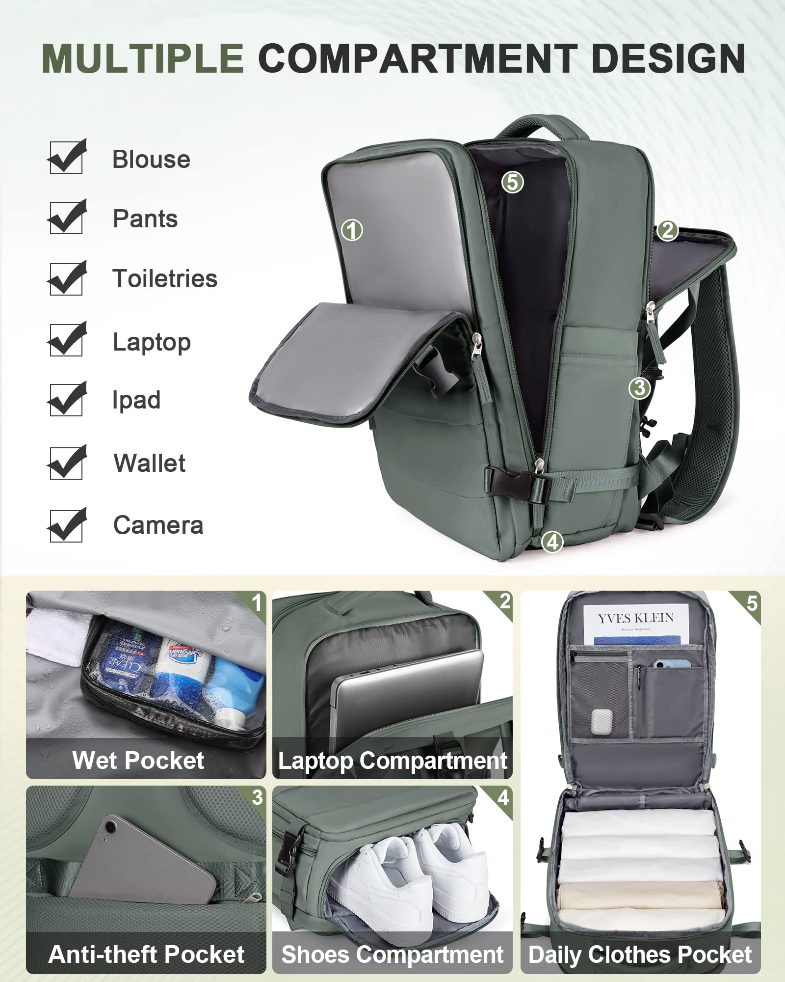 UPPACK Travel Backpack For Women Men Carry On Backpack Flight Approved Gym Bag With Shoe Compartment Hiking Waterproof Laptop Backpack College Essentials Olive Green