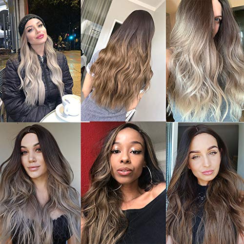 LEMONWIGS Long Natural Wavy Middle Part Brown Synthetic Wig for Women Heat Resistant Fiber Wigs