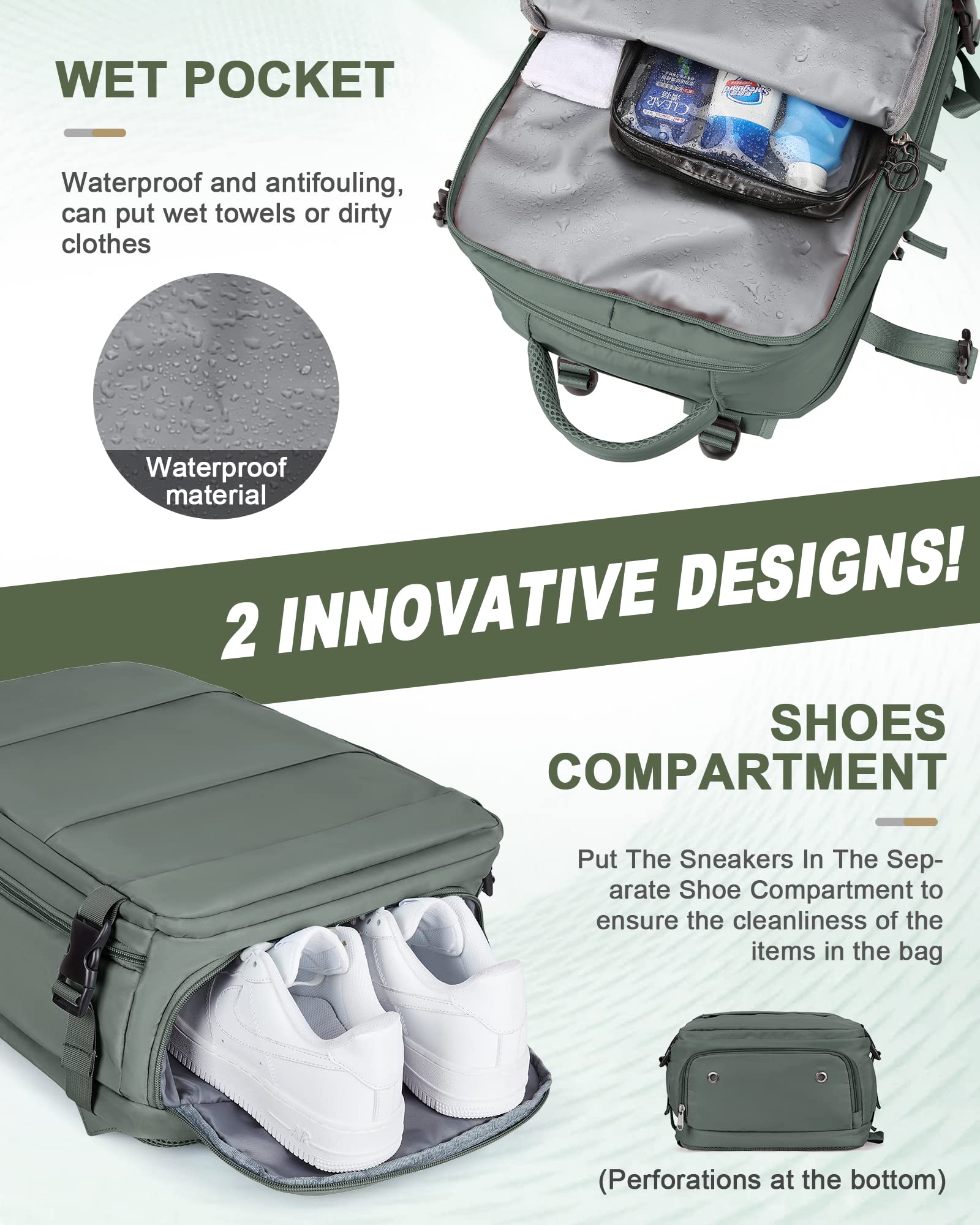 UPPACK Travel Backpack For Women Men Carry On Backpack Flight Approved Gym Bag With Shoe Compartment Hiking Waterproof Laptop Backpack College Essentials Olive Green