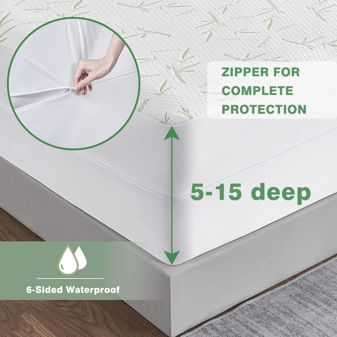 Parkdeny King Mattress Encasement, Waterproof Cooling Rayon from Bamboo, 3D Air Fabric, Breathable, Noiseless, Washable, Fits 5"-15" Deep Mattresses