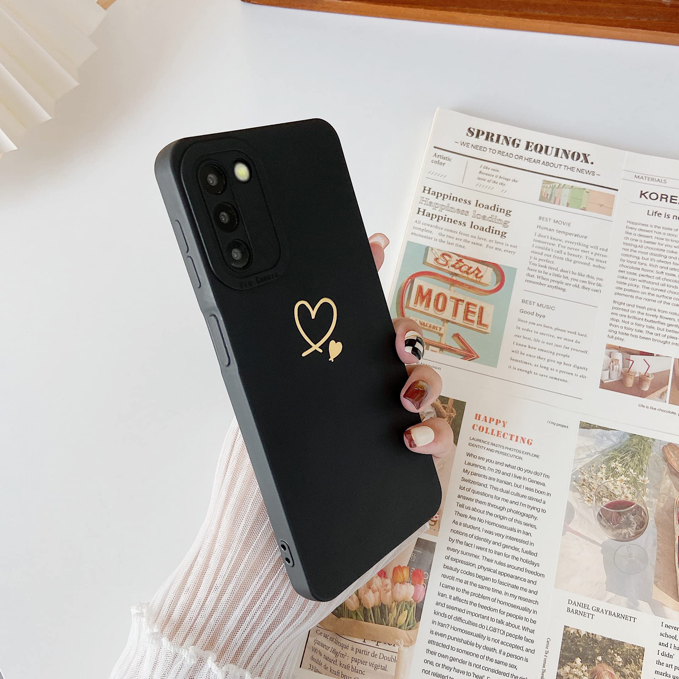 Qokey for Galaxy A03S Case 6.5"(164mm),Cute Bling Plated Gold Love Heart with Anti-Fall Camera Lens Cover Protection Soft Phone Case for Samsung Galaxy A03S,Black