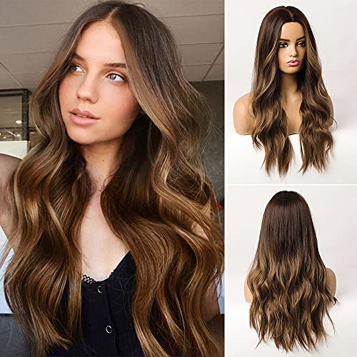 LEMONWIGS Long Natural Wavy Middle Part Brown Synthetic Wig for Women Heat Resistant Fiber Wigs