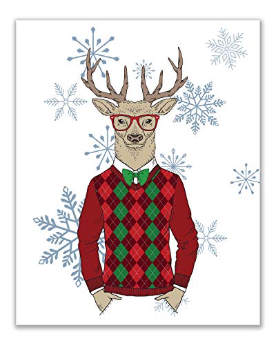Christmas Hipster Reindeer Prints - Set Of 4 (8 Inches X 10 Inches) Christmas Holiday Photographs