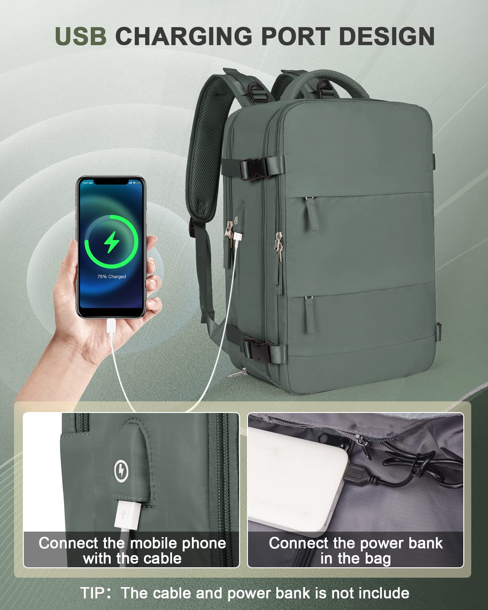 UPPACK Travel Backpack For Women Men Carry On Backpack Flight Approved Gym Bag With Shoe Compartment Hiking Waterproof Laptop Backpack College Essentials Olive Green
