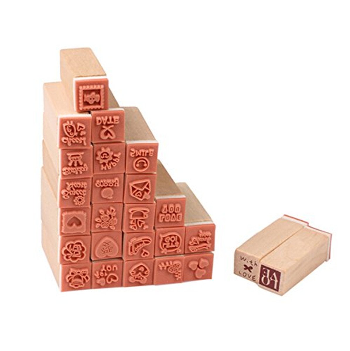 Pack of 25 Pcs Small Heart Shape Wooden Rubber Stamps with Box for DIY Craft Card and Photo Album (Red)