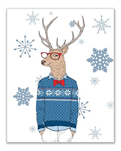 Christmas Hipster Reindeer Prints - Set Of 4 (8 Inches X 10 Inches) Christmas Holiday Photographs