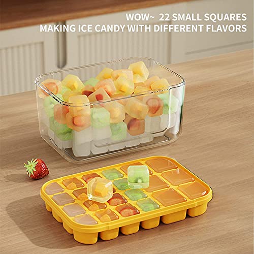 YiChenPlus Ice Tray & Popsicle Mold, 2-in-1 Silicone Ice Tray with Container, 22 Ice Trays + 8 Popsicles, For Whiskey Cocktail Ice Cream Making, 3 Colors to Choose From (Yellow)