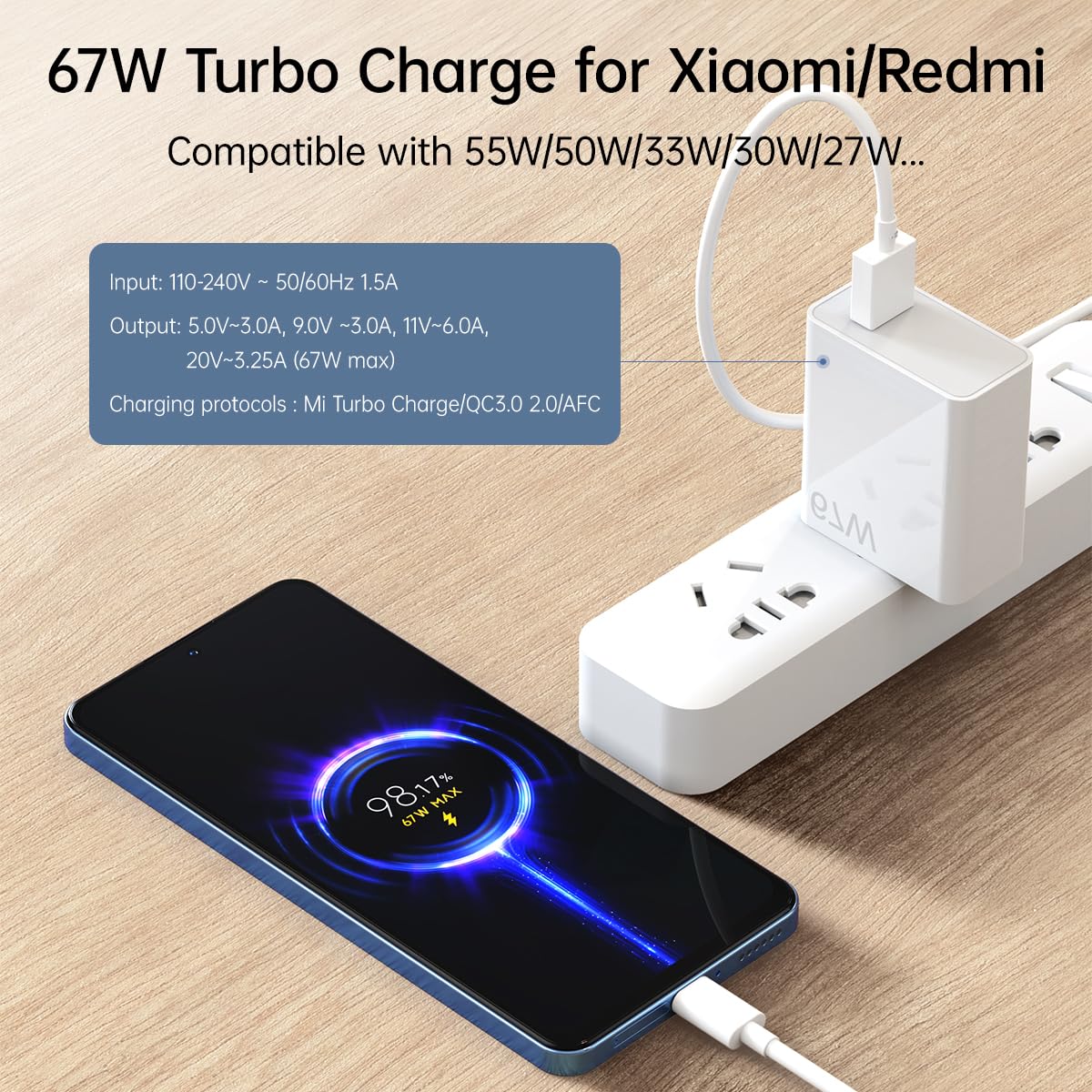 67W for Xiaomi Charger Turbo Fast Wall Block for Xiaomi Mi 14 13 12 13t 12t 12s Pro Lite Redmi Note K60 K50 11 11s 12 Pro Plus Poco X6 F5 X5 F4 X4 Gt Black Shark 3 4 Pro 5ft Hypercharge Type C Cable