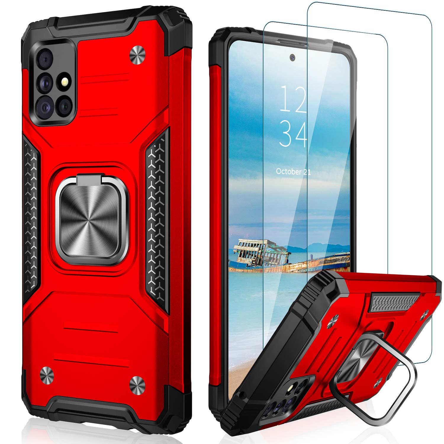 IKAZZ for Galaxy A51 5G Case with Screen Protector,Dual Layer Soft Flexible TPU and Hard PC Anti-Slip Full-Body Rugged Protective Phone Cover with Kickstand Red