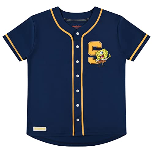 Mens Spongebob Squarepants Baseball Jersey - Spongebob, Patrick, Squidward & Mr Krab - Mesh Button Down Baseball Jersey (Navy, X-Large)