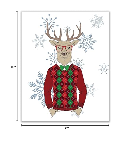 Christmas Hipster Reindeer Prints - Set Of 4 (8 Inches X 10 Inches) Christmas Holiday Photographs