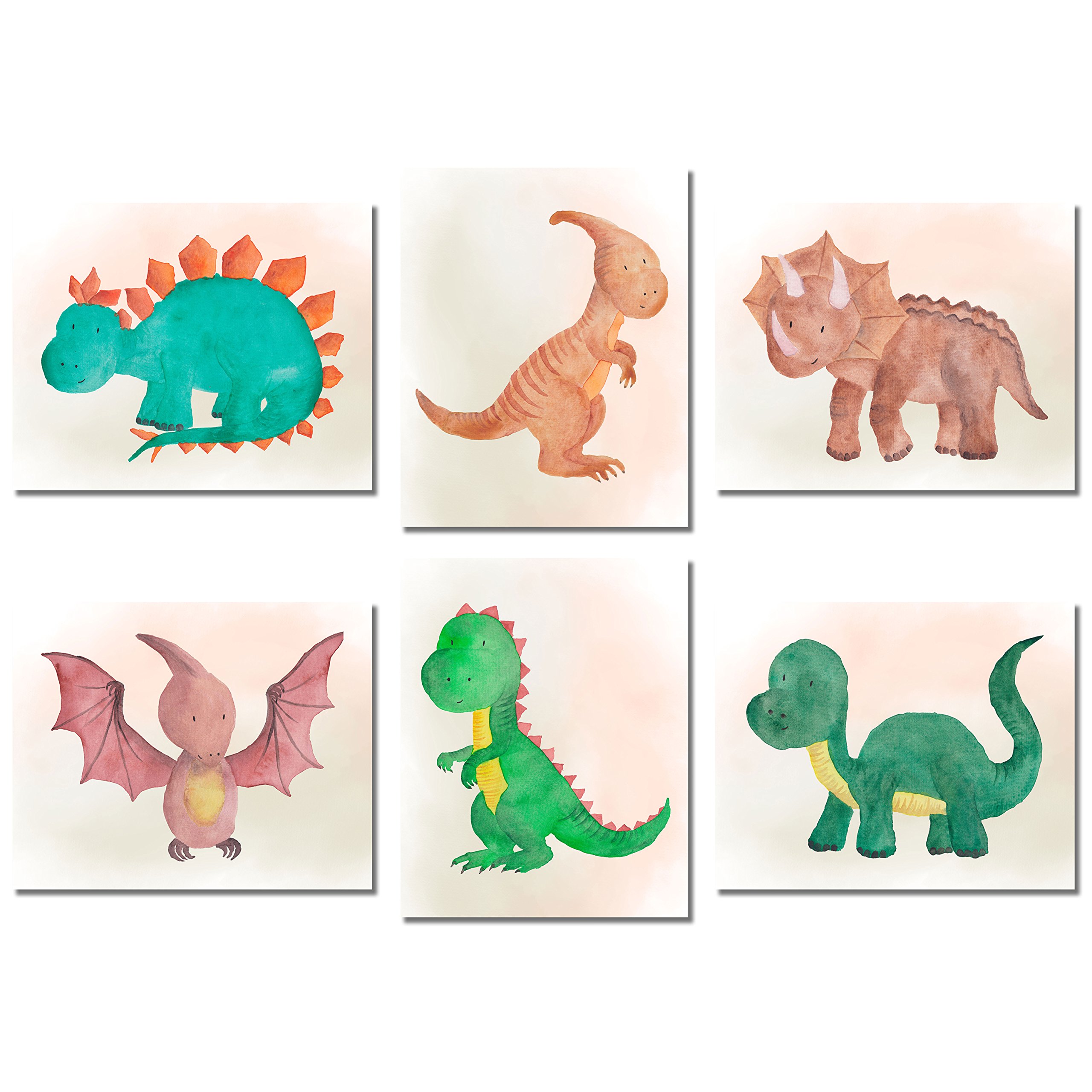Dinosaur Watercolor Prints - Cute Wall Art for Kids, Boys or Girls Bedroom, Dinosaur Poster Set for Playroom or Nursery, Fun Dino Art for Children's Room - Unframed Set of 6 (8x10")