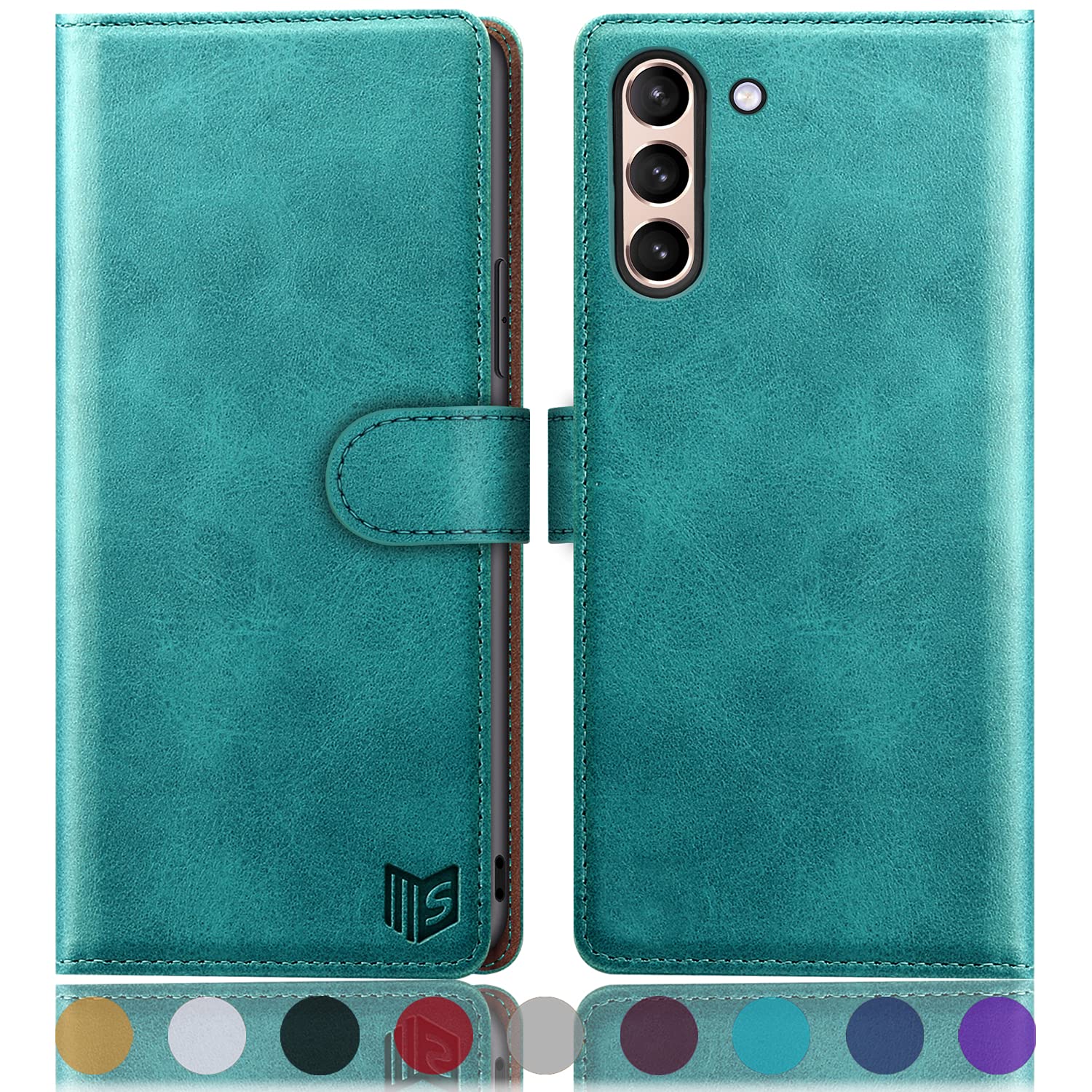 SUANPOT for Samsung Galaxy S21 6.2"(Non S21+) with RFID Blocking Leather Wallet case Credit Card Holder,Flip Folio Book Phone case Shockproof Cover Women Men for Samsung S21 case Wallet Blue Green